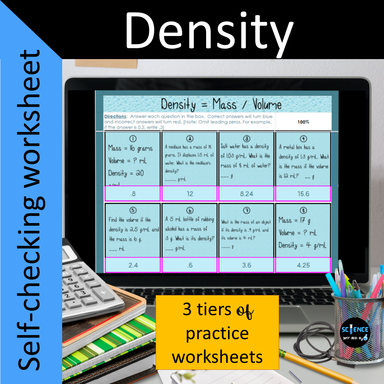 Density Calculations Self-Checking Review Sheet with 3 levels of ...