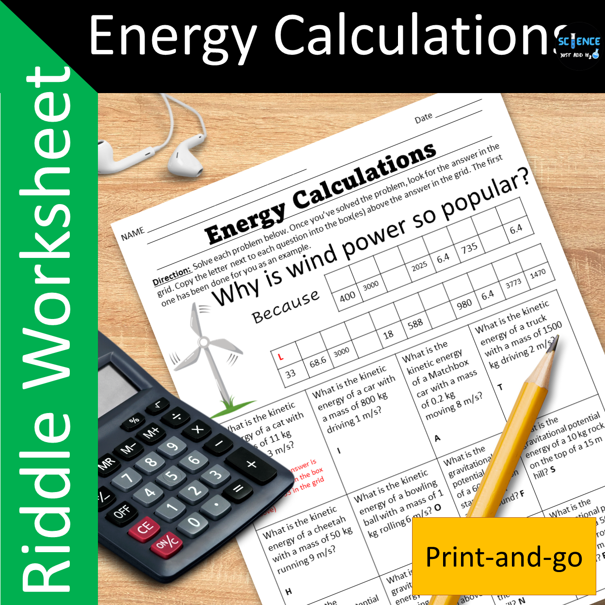 Energy Calculations Riddle Worksheet PDF - Just Add H2O