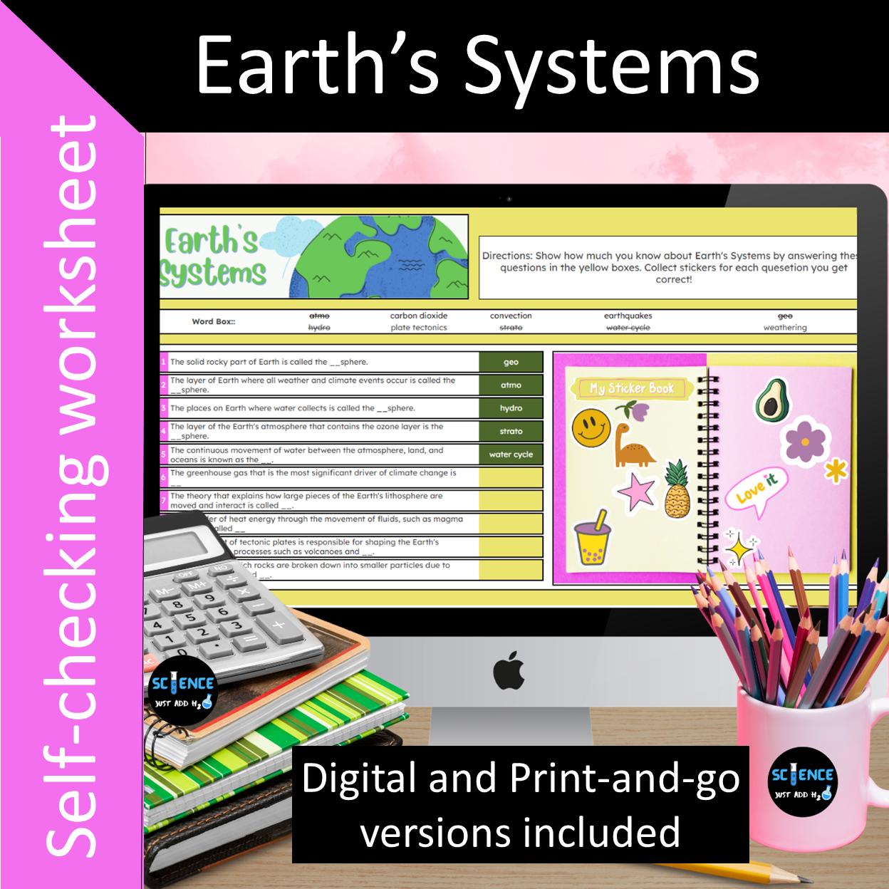 Earth's Systems Self Checking Worksheet for Middle School - Just Add H2O