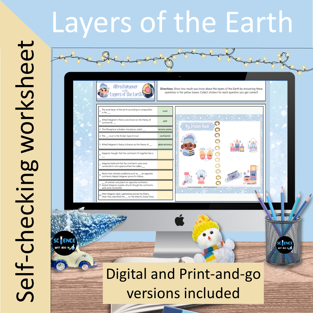Layers of the Earth Self Checking Worksheet with winter theme - Just ...