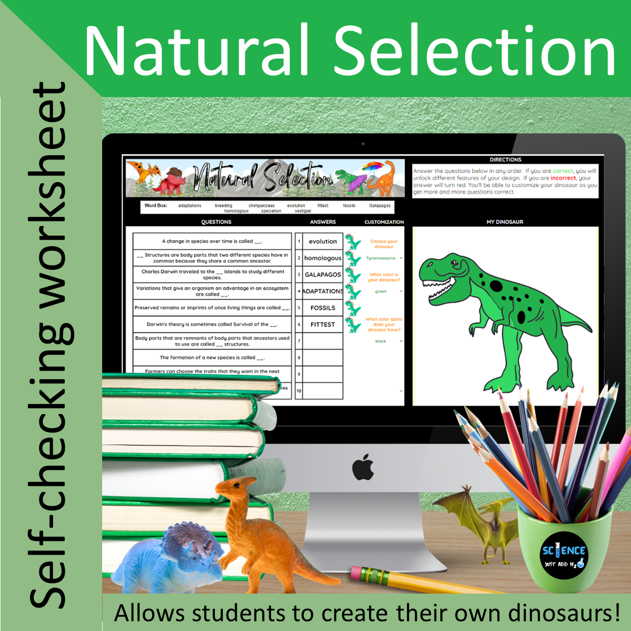 Natural Selection self checking worksheet and create-your-own dinosaur ...