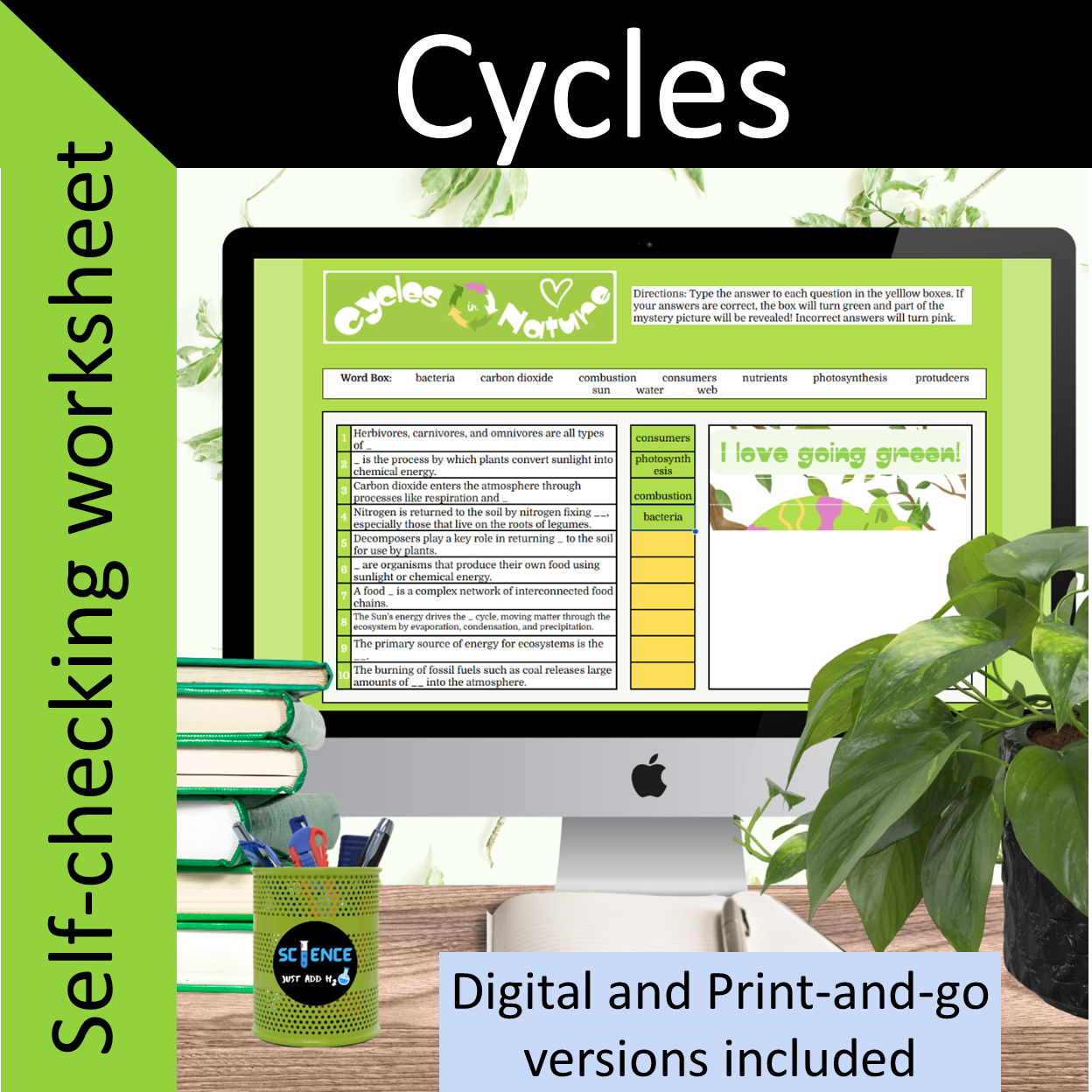Cycles in Nature Self Checking Worksheet with 4 versions - Just Add H2O