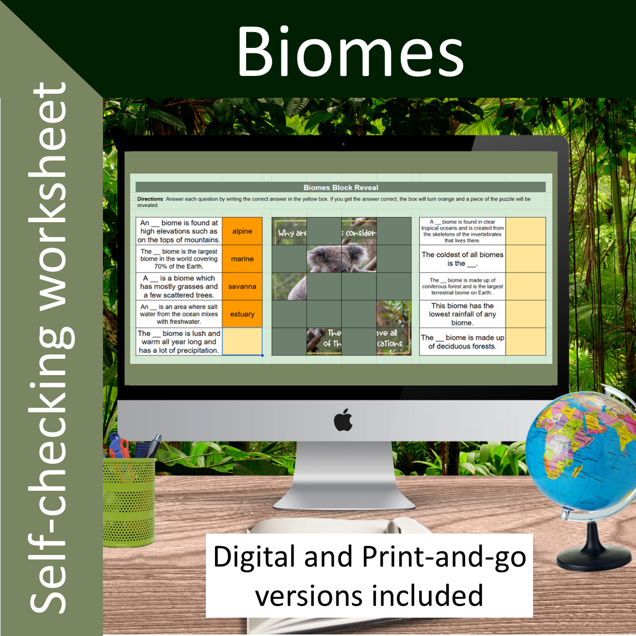 Biomes Self Checking Worksheet with 4 versions - Just Add H2O